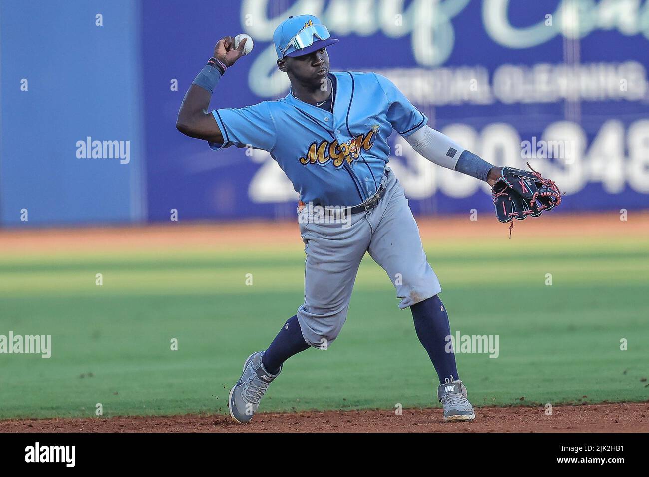 July 27, 2022: Montgomery Biscuits infielder Ronny Simon (3) throws to ...