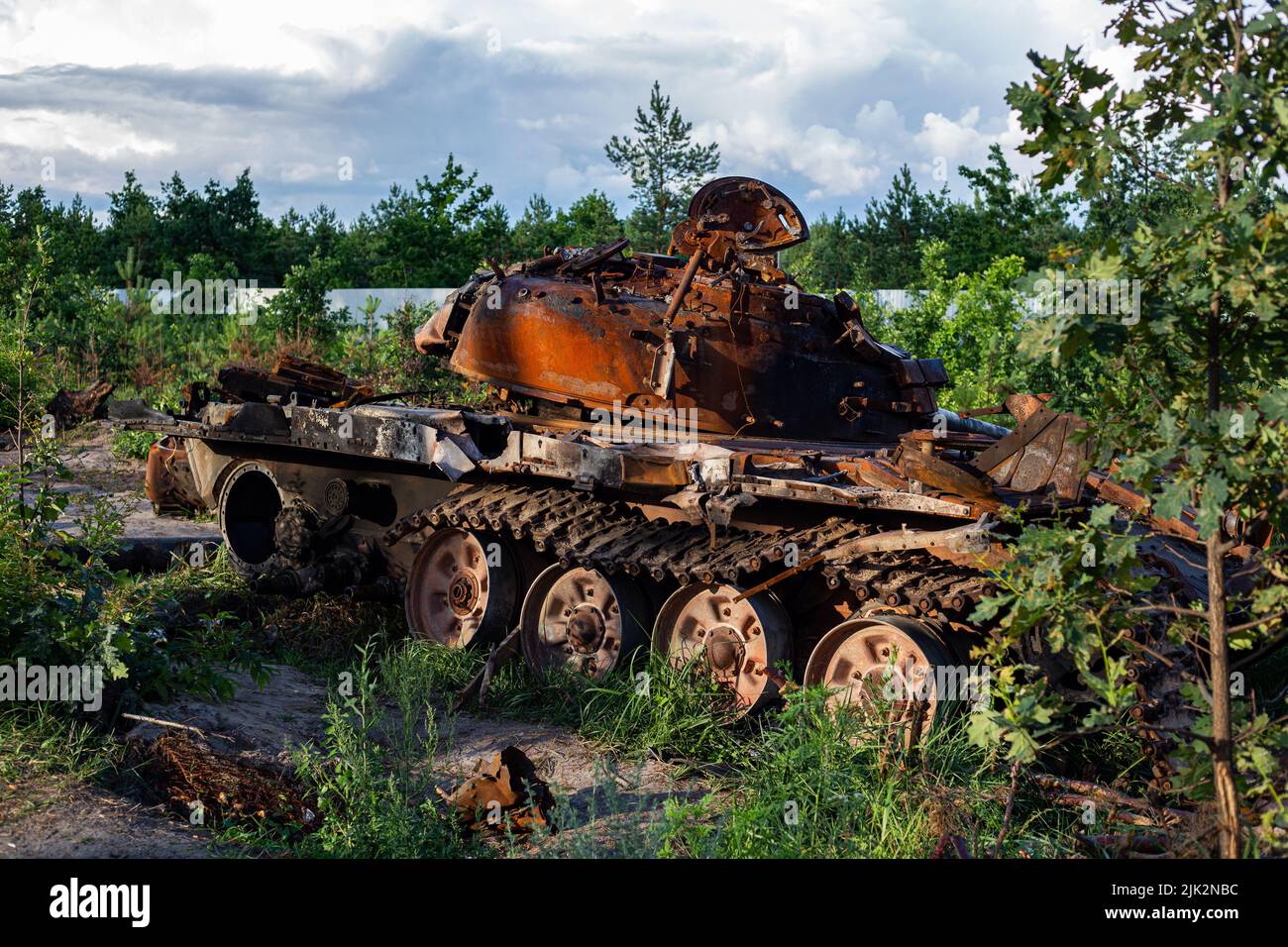 The smashed and burned modern tank of the russian army in Ukraine in ...