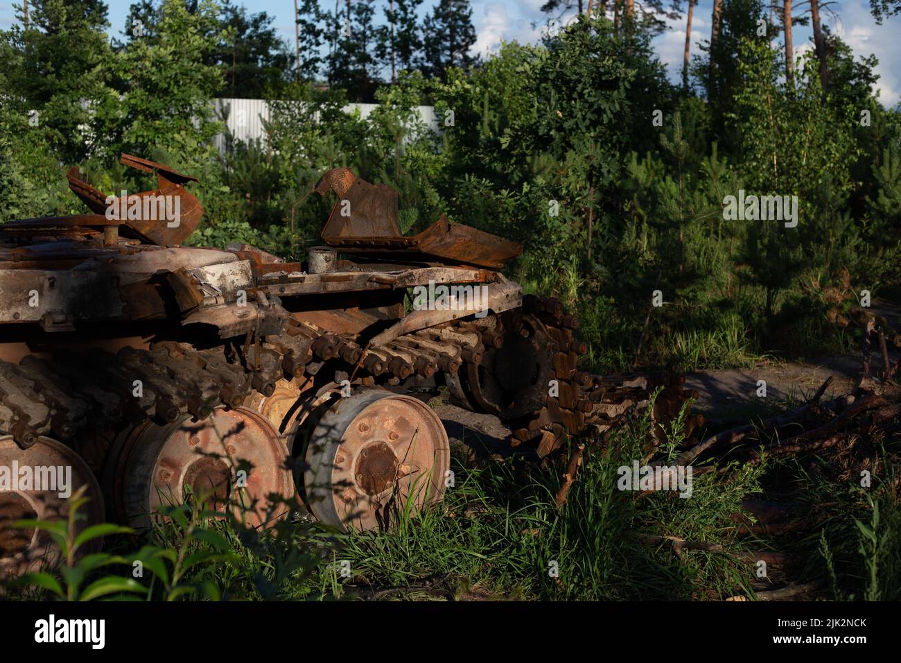 The smashed and burned modern tank of the russian army in Ukraine in ...