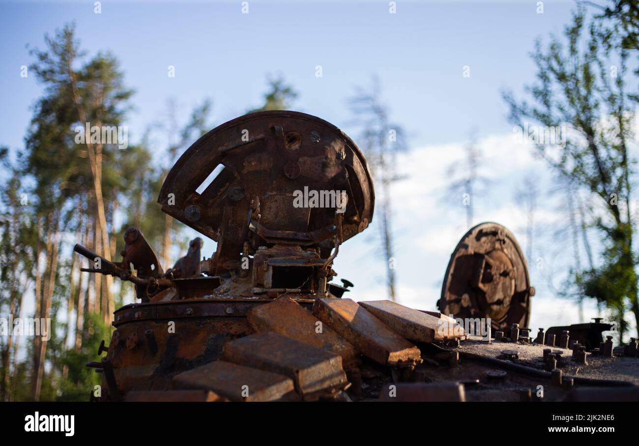 The smashed and burned modern tank of the russian army in Ukraine in ...