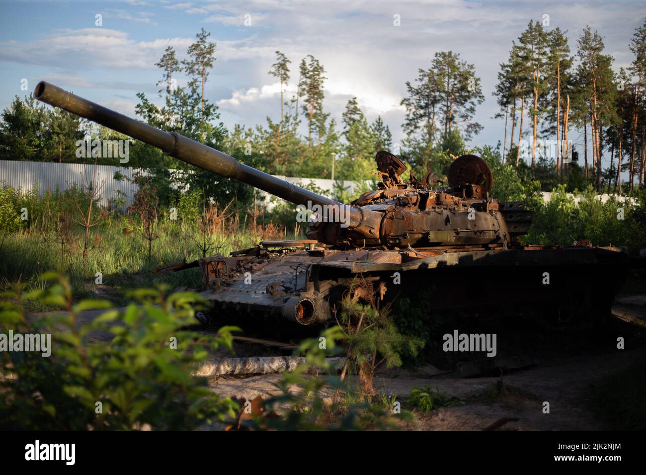 The smashed and burned modern tank of the russian army in Ukraine in ...