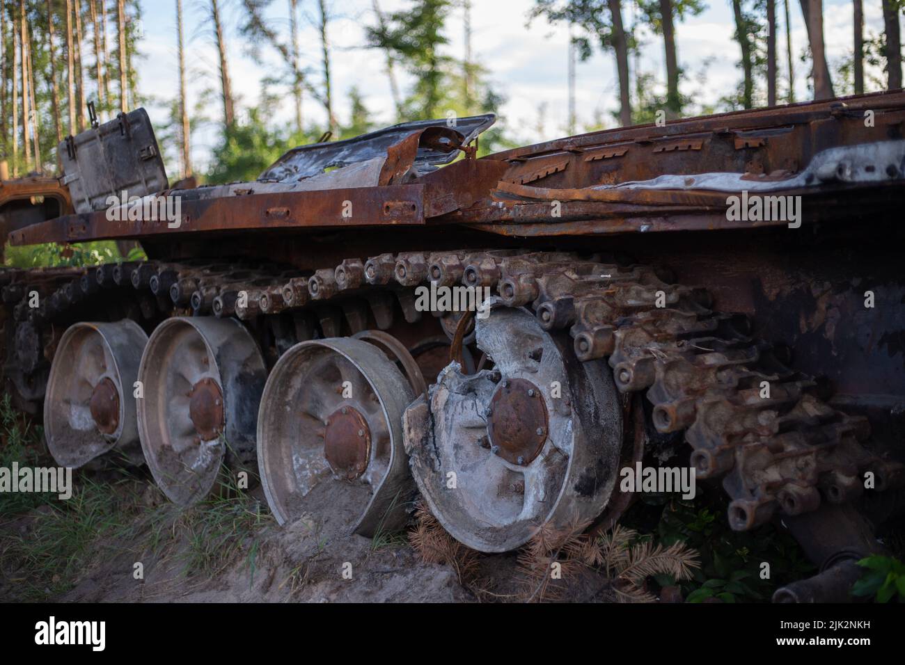 The smashed and burned modern tank of the russian army in Ukraine in ...