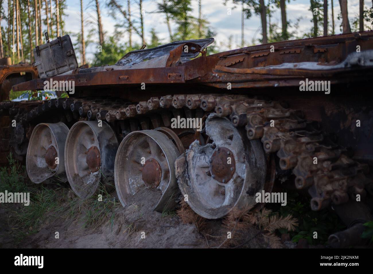 The smashed and burned modern tank of the russian army in Ukraine in ...