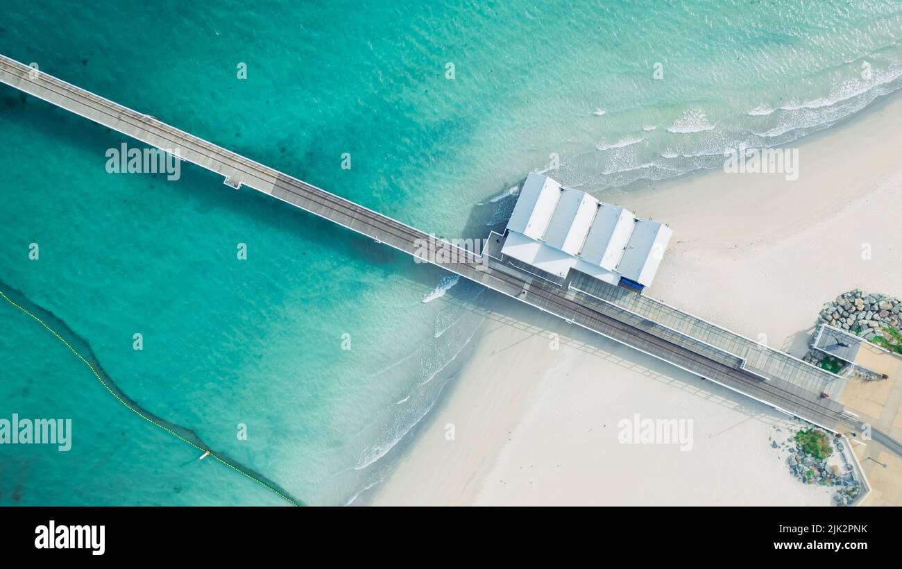 Aerial bird eye view of turquoise water and Busselton Jetty, Western ...