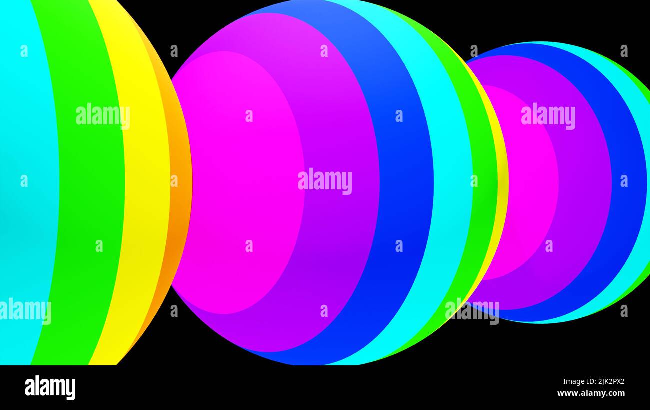 3D rendering. Three colorful spheres with lines that have rainbow ...