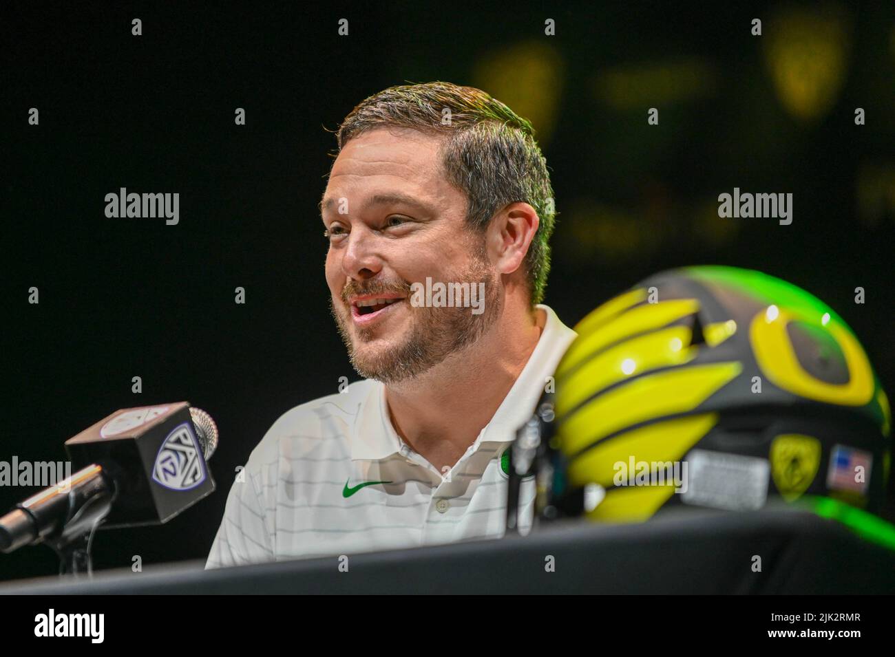 Oregon Ducks head coach Dan Lanning speaks during PAC-12 Media Day on ...