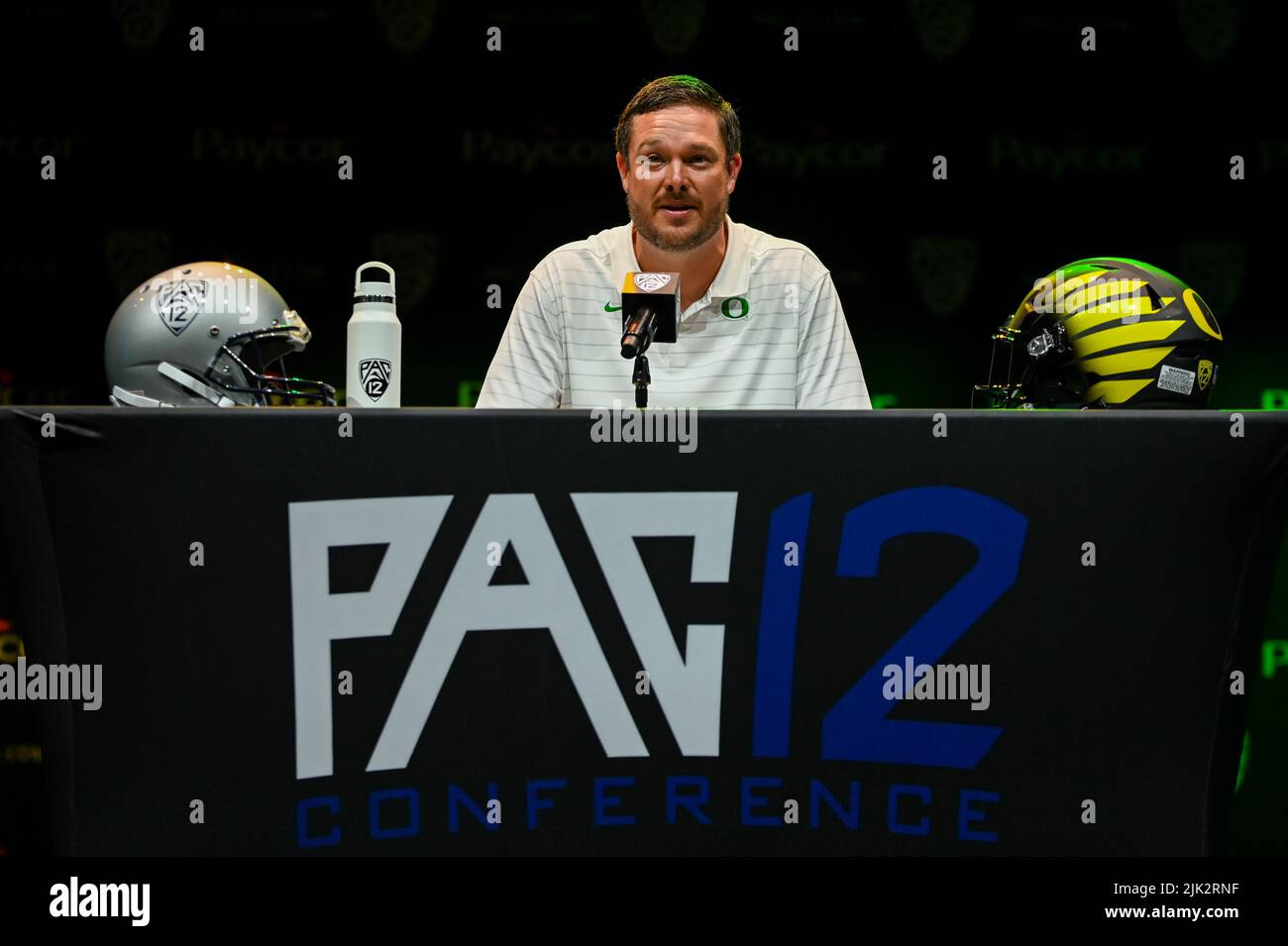Oregon Ducks head coach Dan Lanning speaks during PAC-12 Media Day on ...