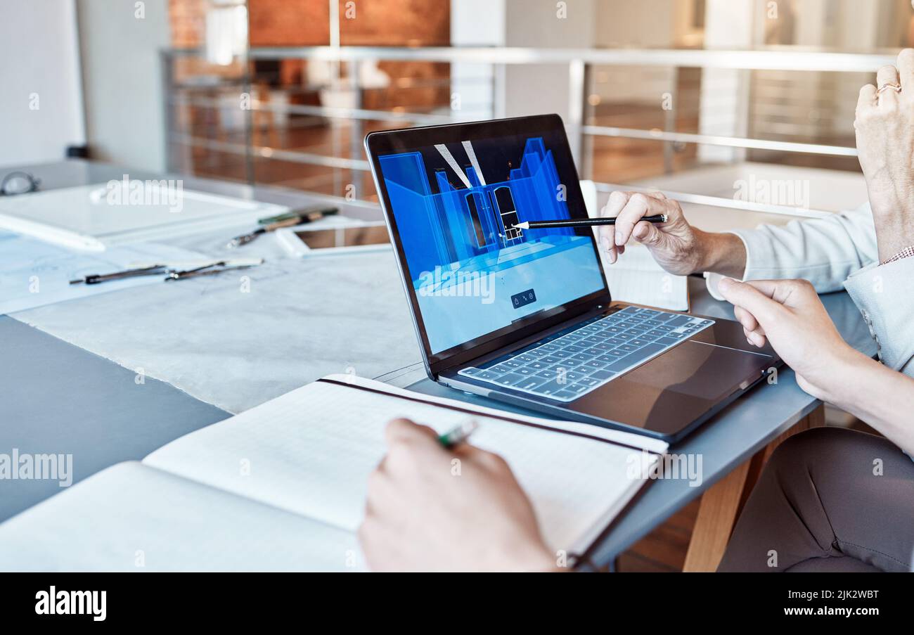 Architect, design engineer or contractor pointing to a 3d digital model ...