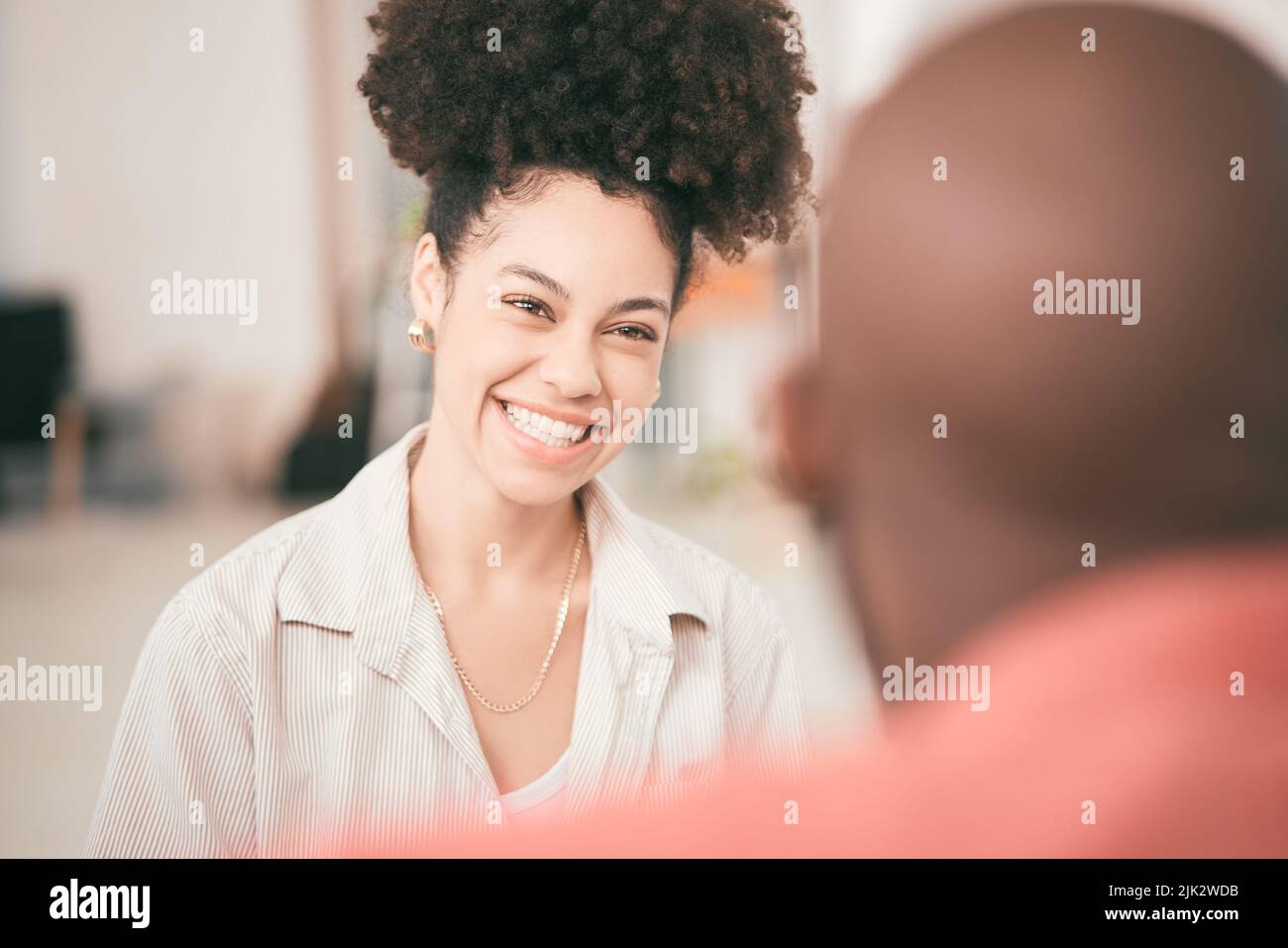 Face of woman on a date, meeting or chatting to a friend looking happy ...