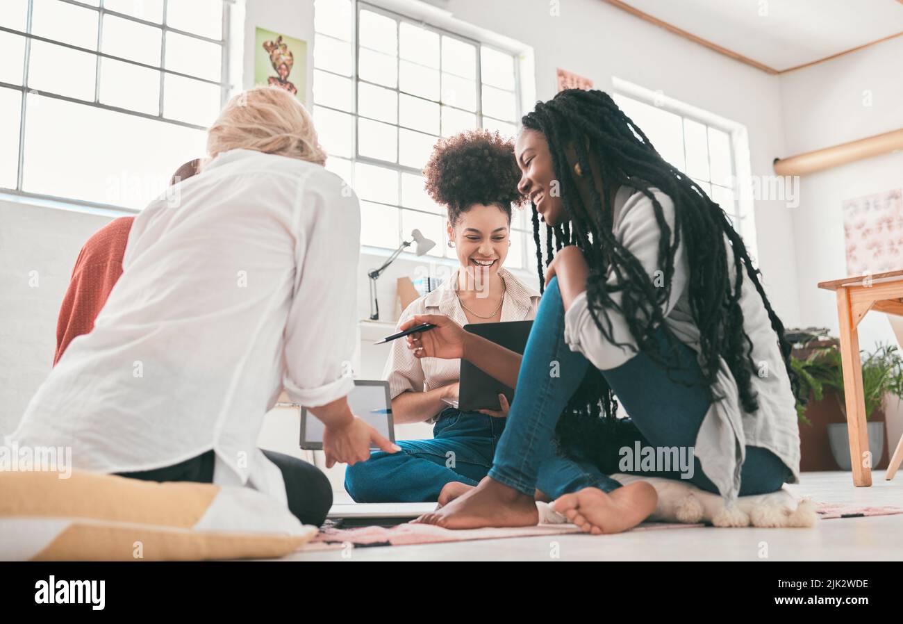 Happy, diverse and creative business people brainstorming, planning and ...