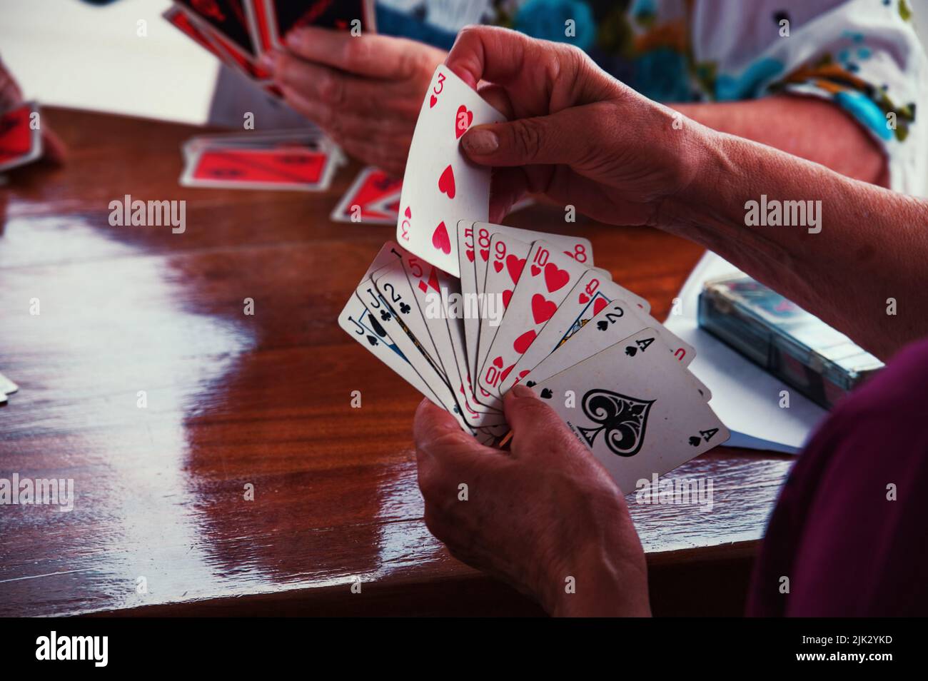 Closeup of hands holding playing cards Stock Photo - Alamy