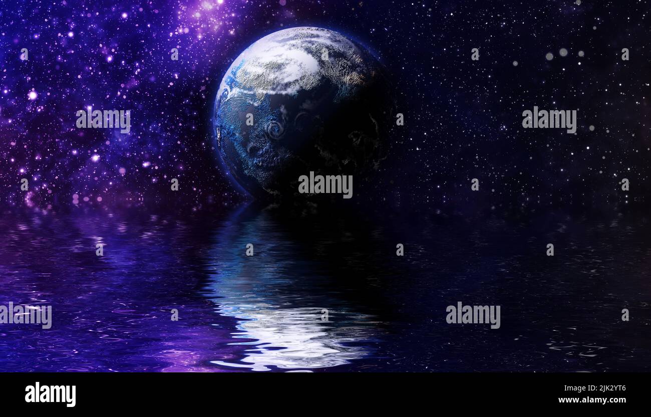 3D illustration Beautiful unusual space planet in space reflected in ...