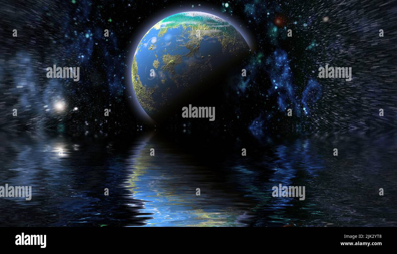 Beautiful unusual space planet in space reflected in water. galaxy ...