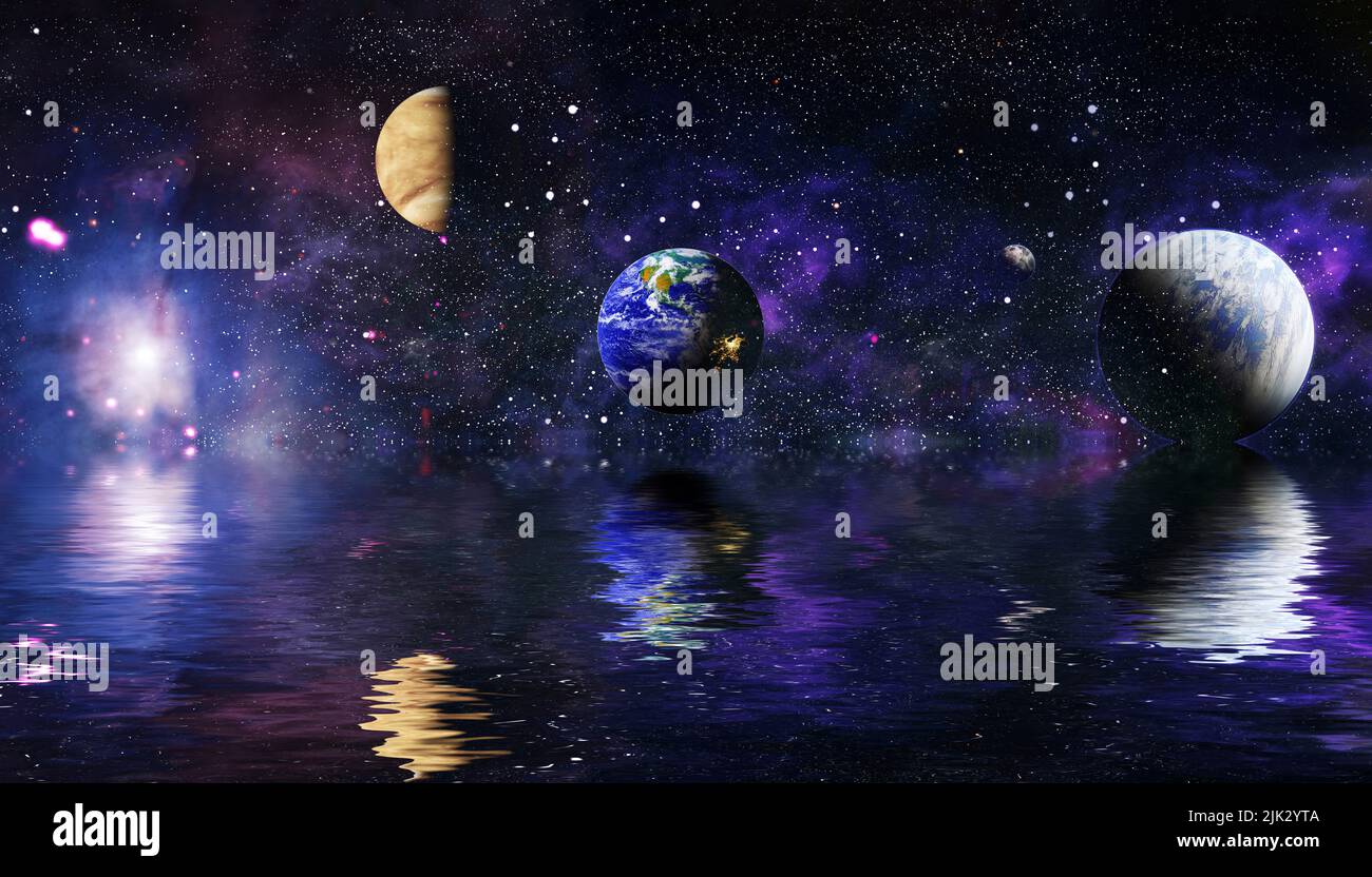 Beautiful unusual space planet in space reflected in water. galaxy ...