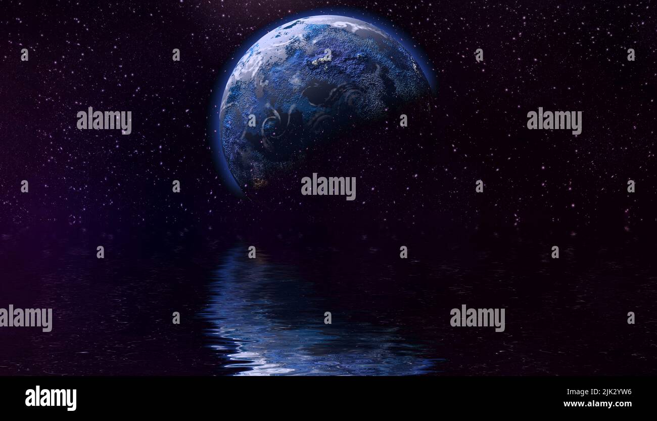3D illustration Beautiful unusual space planet in space reflected in ...