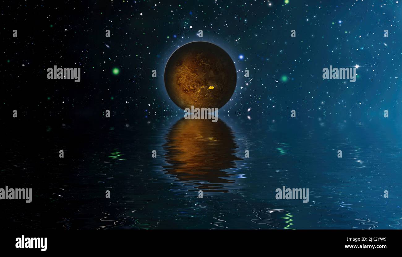 Beautiful unusual space planet in space reflected in water. galaxy ...