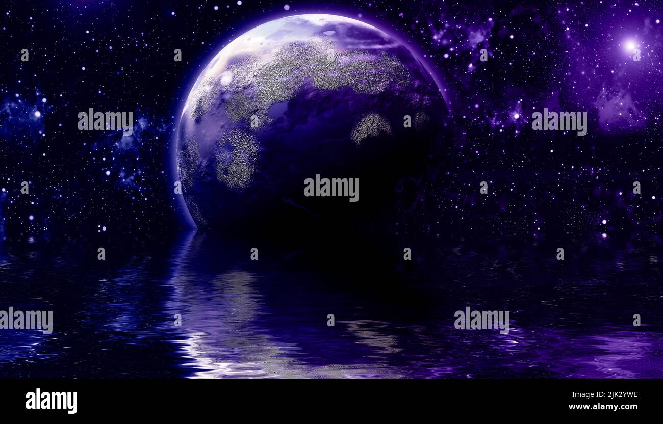 Beautiful unusual space planet in space reflected in water. galaxy ...