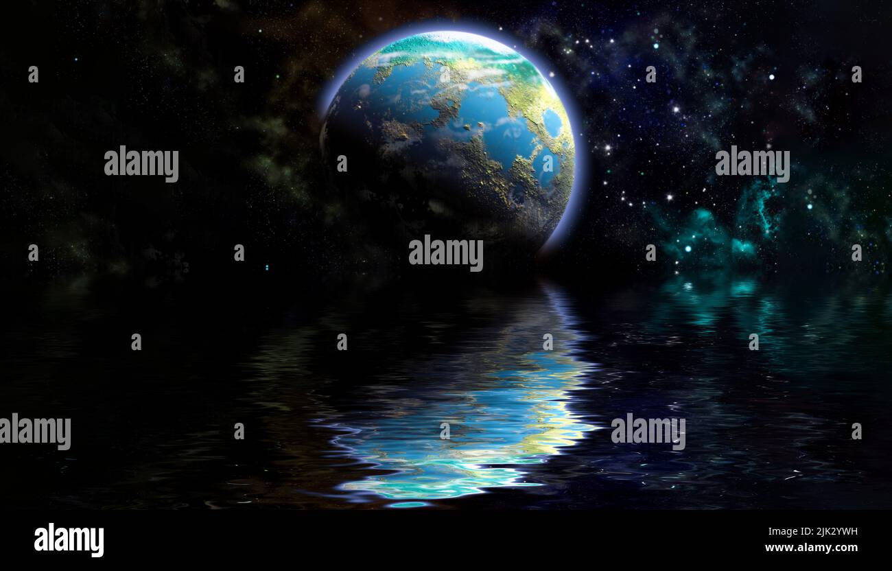 Beautiful unusual space planet in space reflected in water. galaxy ...