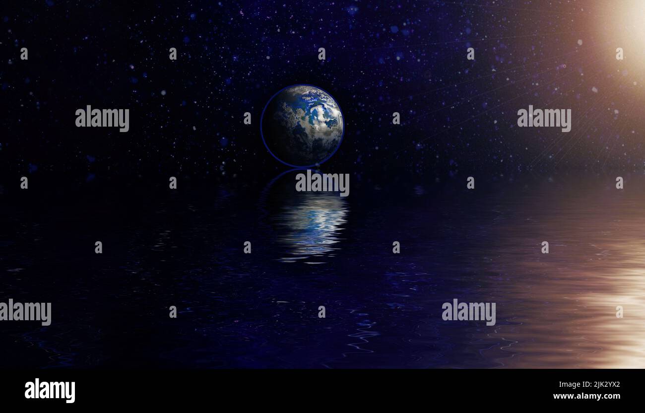 Beautiful unusual space planet in space reflected in water. galaxy ...