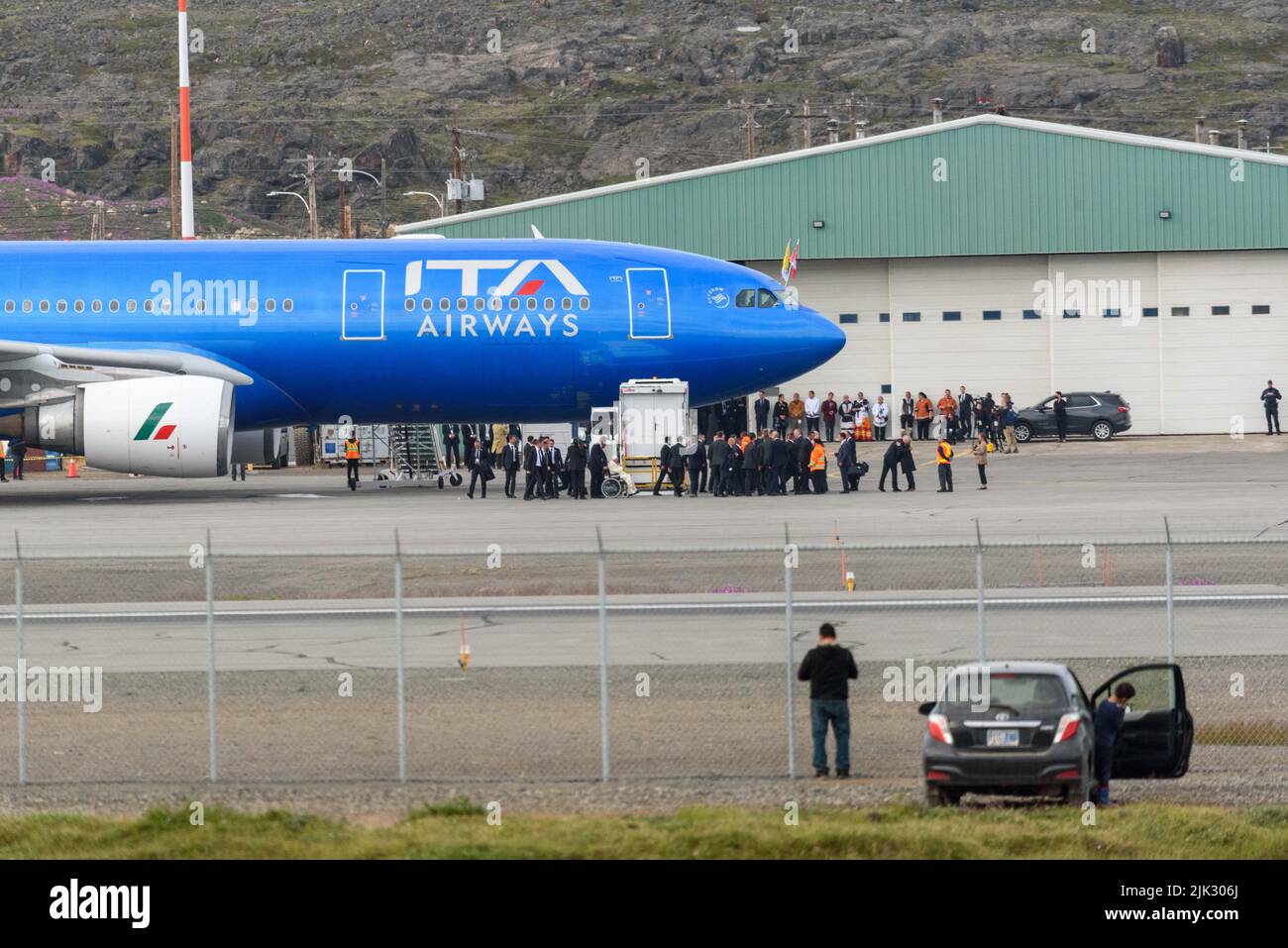 Canada. 29th July, 2022. Pope Francis boards his jet in Iqaluit ...