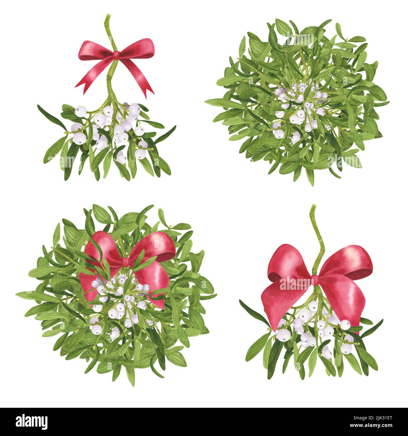 Christmas set Mistletoe kissing ball with red ribbon bow isolated on ...