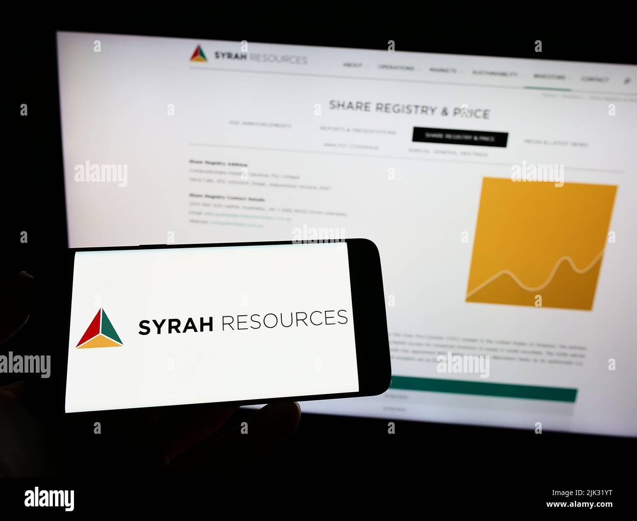 Person holding mobile phone with logo of Australian company Syrah ...
