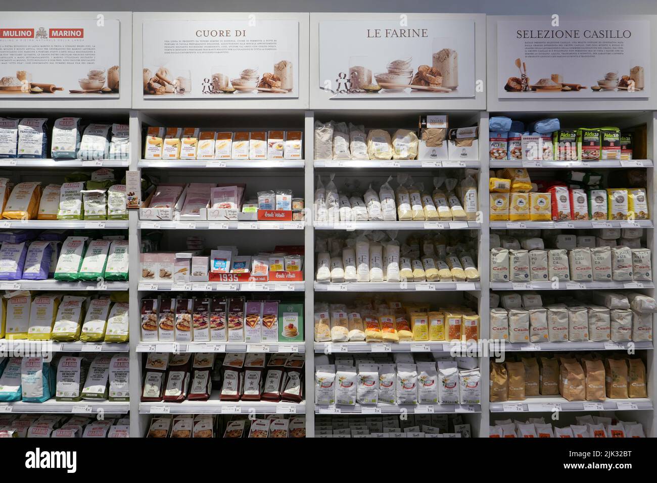 PACKETS VARIOUS TYPES OF FLOUR ON A SHELF INSIDE THE EATALY FOOD STORE ...