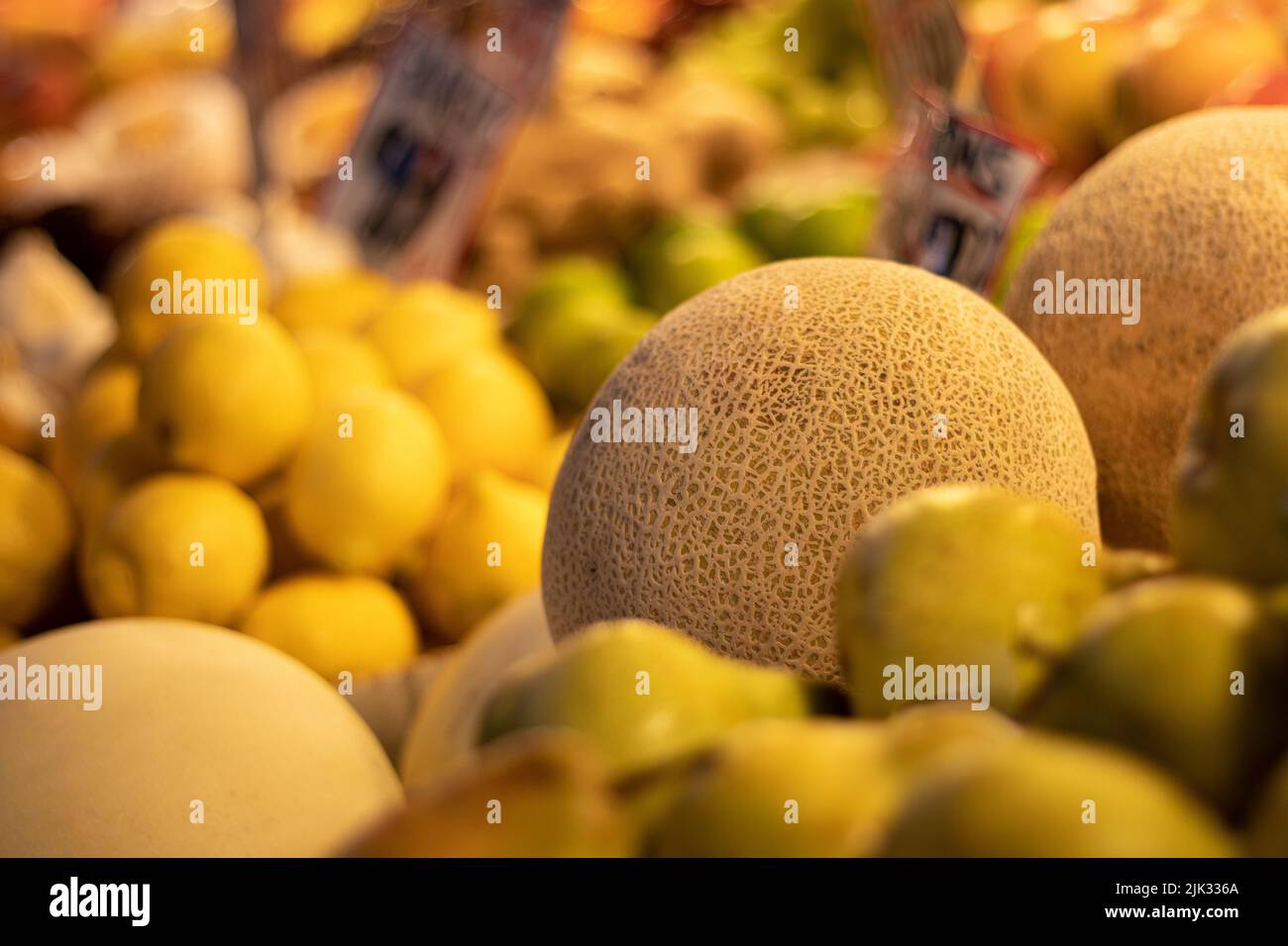 melon and others fruits on the pike place market, Seattle Stock Photo ...