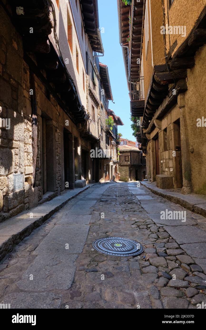 Narrow cobbled streets of, La Alberca, a small town in Spain. It was ...