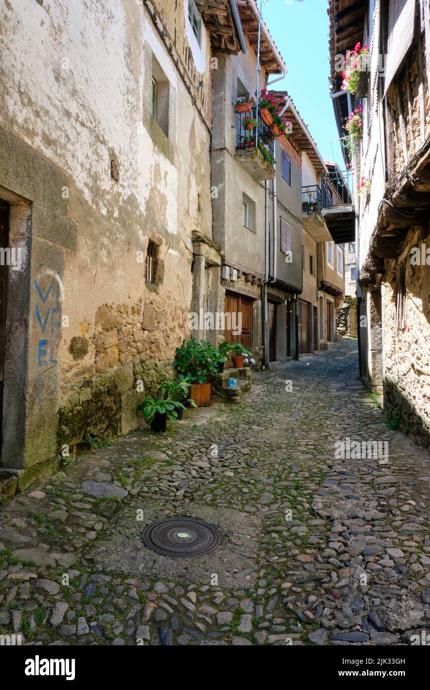 Narrow cobbled streets of, La Alberca, a small town in Spain. It was ...
