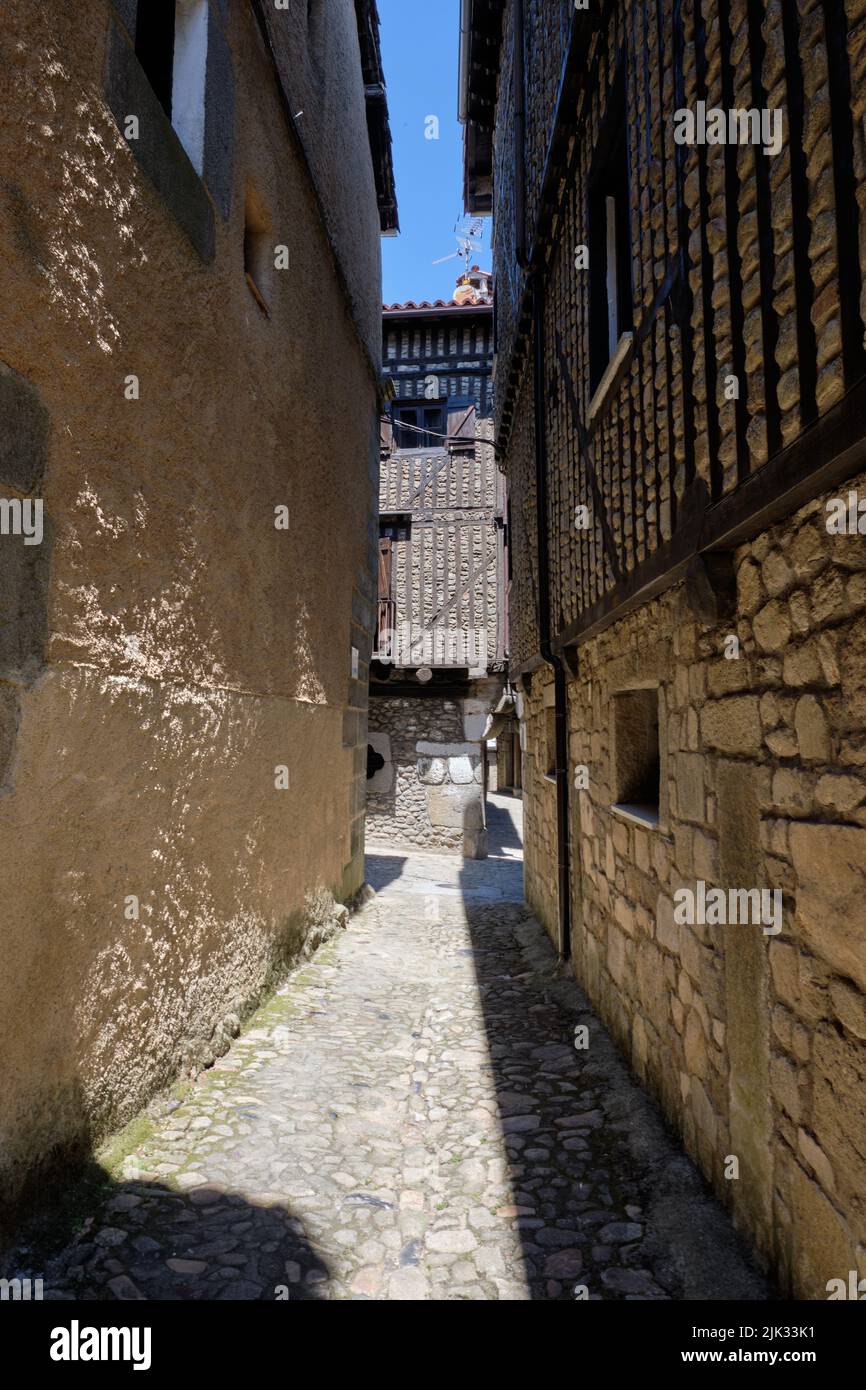 Narrow cobbled streets of, La Alberca, a small town in Spain. It was ...