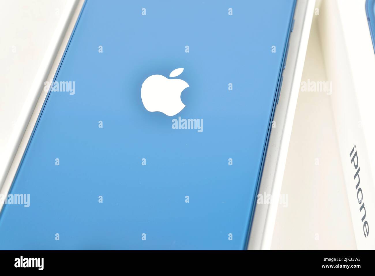 New Delhi, India - June 22, 2022: Close up of apple logo in iphone ...