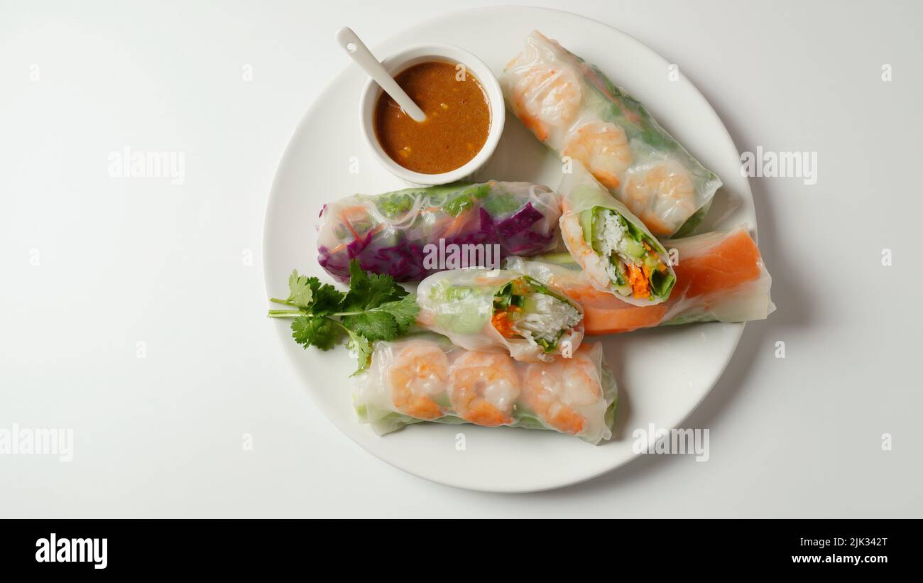 Vietnamese Spring Rolls Goi Cuon or Nem Cuon, filled with prawns, herbs ...