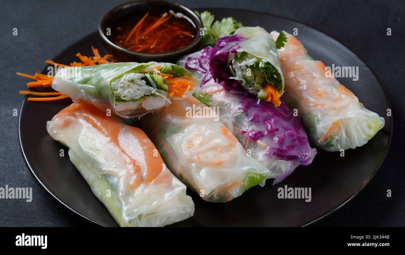 Vietnamese Spring Rolls Goi Cuon or Nem Cuon, filled with prawns, herbs ...