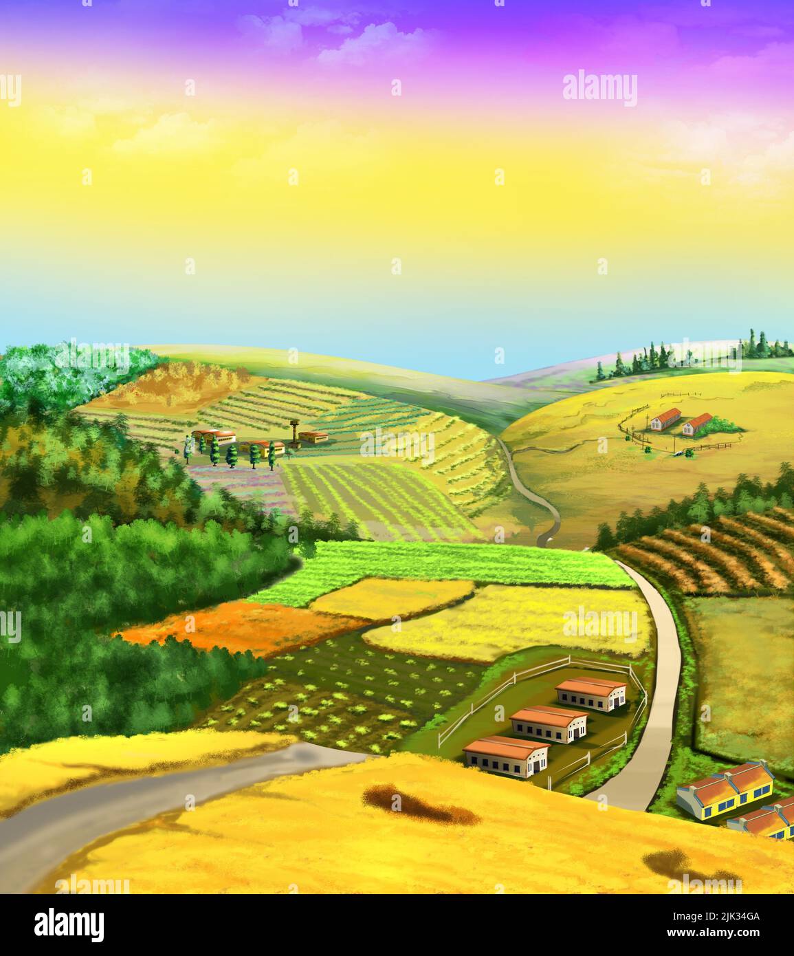 Farm agricultural fields on a sunny morning. Digital Painting ...