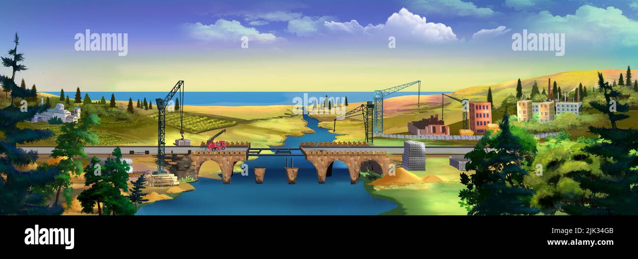 Construction of an arched bridge across the river. Digital Painting ...