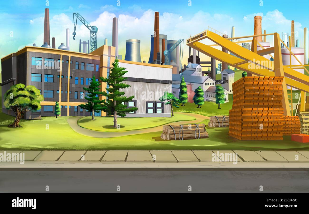 Industrial area outside the city. Digital Painting Background ...