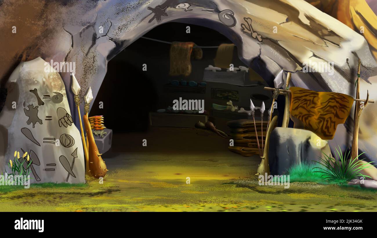 Entrance to the caveman cave in prehistoric era. Digital Painting ...
