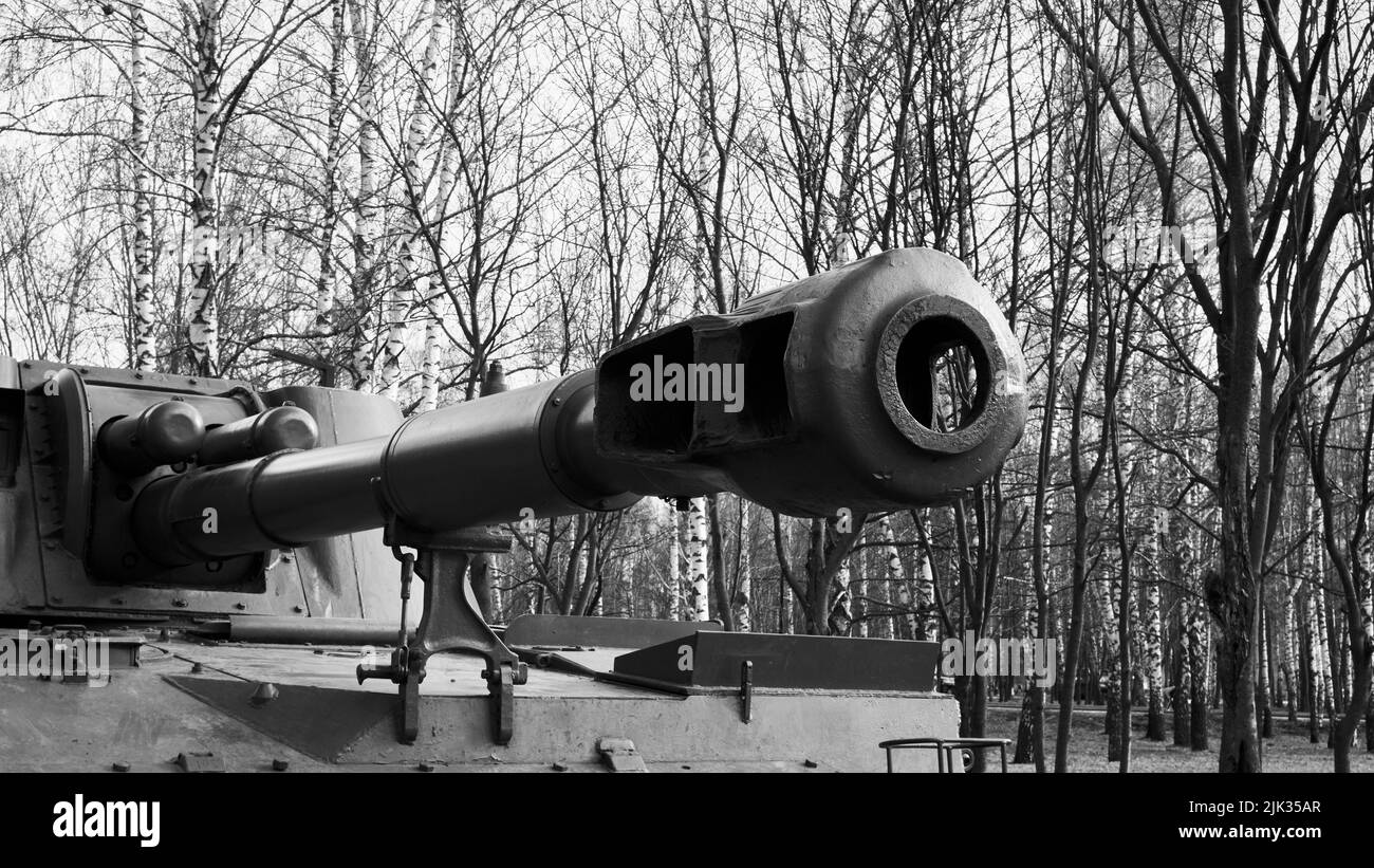 Russian howitzer barrel close-up. Black and white photo of a Russian ...