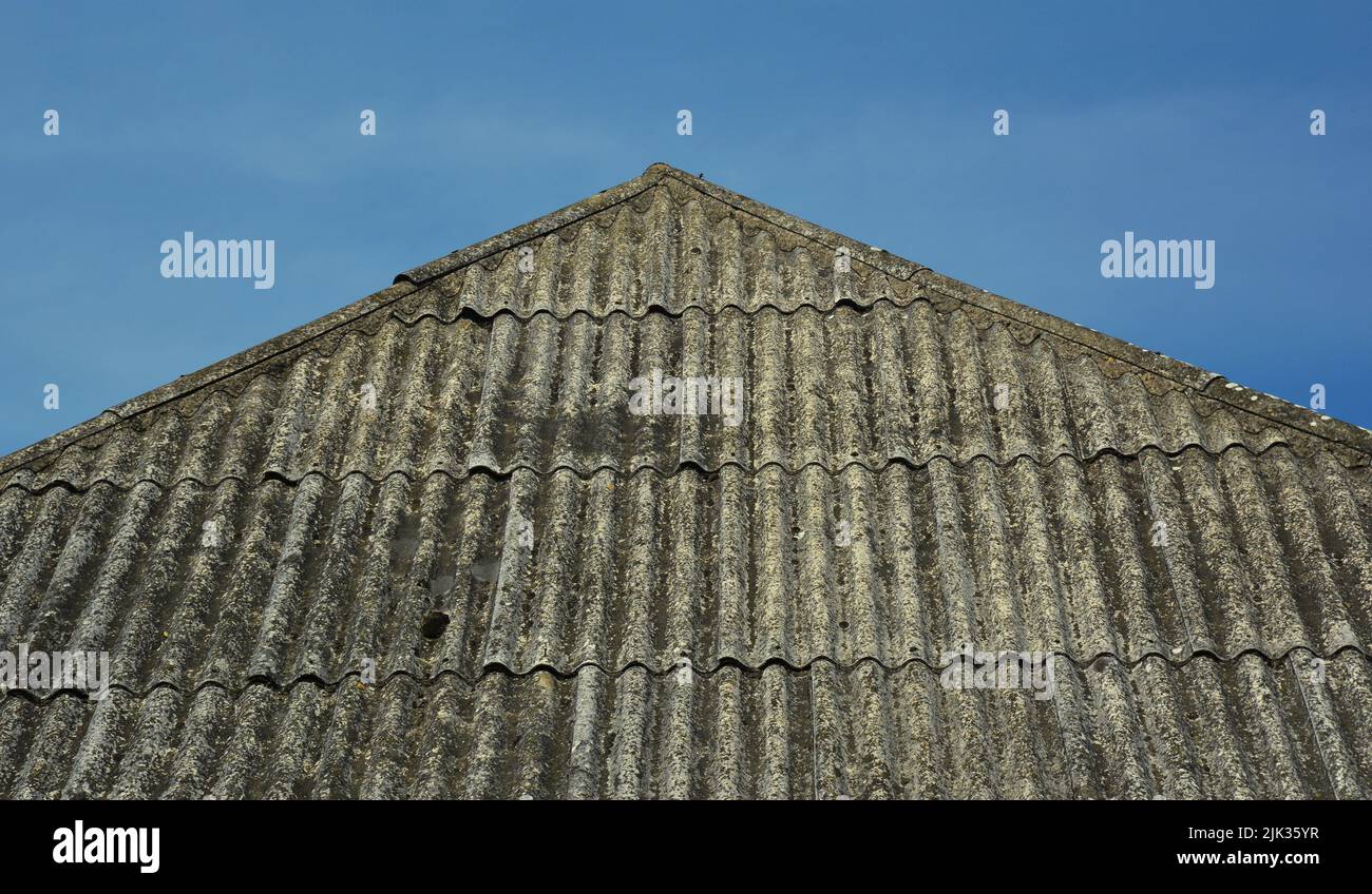 A close-up of an old, run down asbestos roof in bad condition that ...