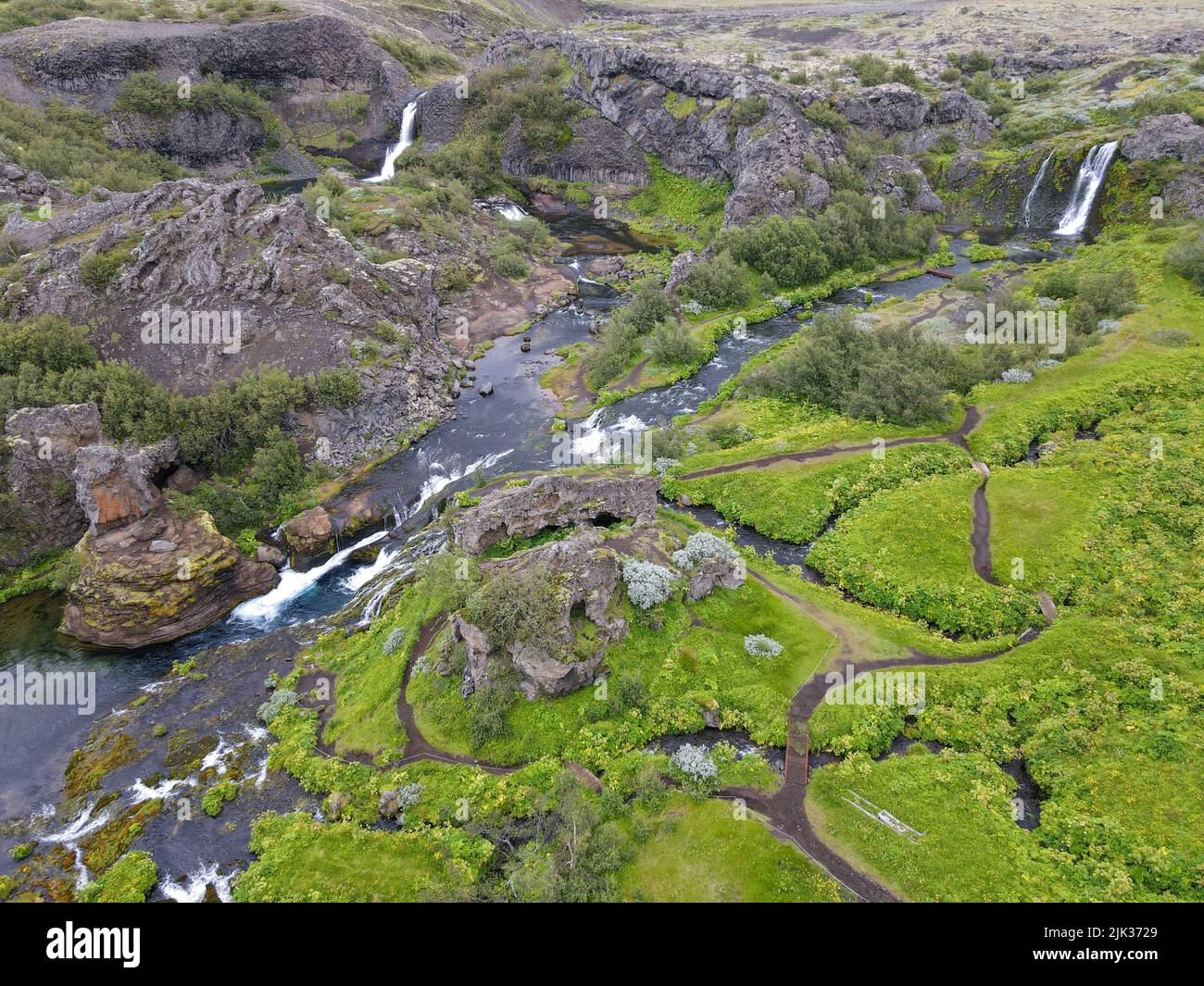 Drone view at the waterfalls of Gjain on Iceland Stock Photo - Alamy
