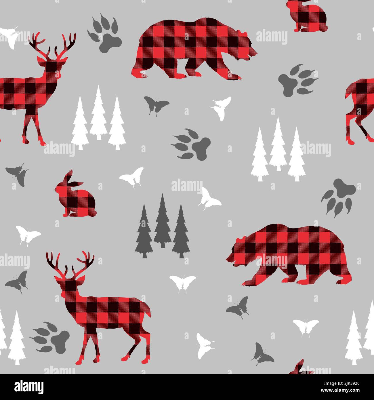 Plaid Forest Animals On A Grey Background - Seamless Nature Pattern ...