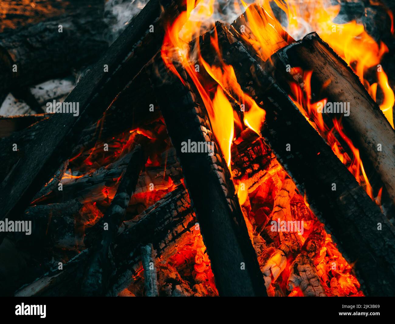 Burning campfire . Bonfire close up. Autumn relax camping mood. The ...