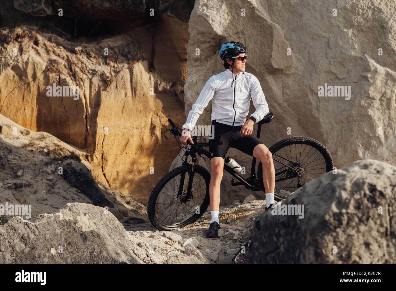 Professional Male Cyclist Leans on His Bike and Adult Man Enjoying Rest ...