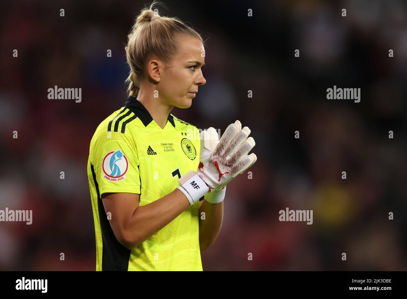 Milton Keynes, England, 27th July 2022. Merle Frohms of Germany reacts ...