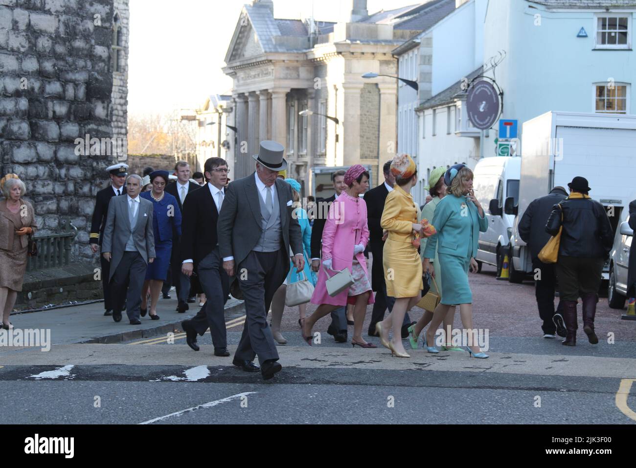 Netflix The Crown, Actors arriving at Caernarfon castle in North Wales ...
