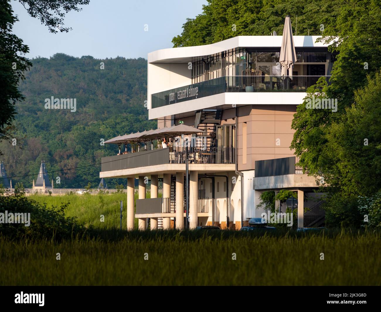 Johann Elblounge restaurant building in the green nature. Modern ...