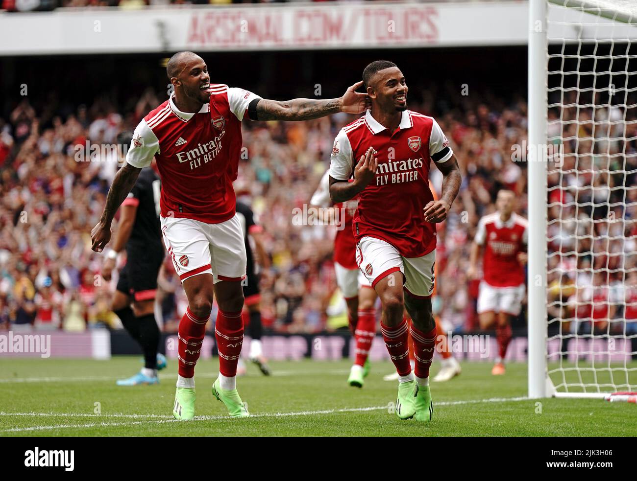 Arsenal's Gabriel Jesus (right) celebrates with Gabriel after scoring ...