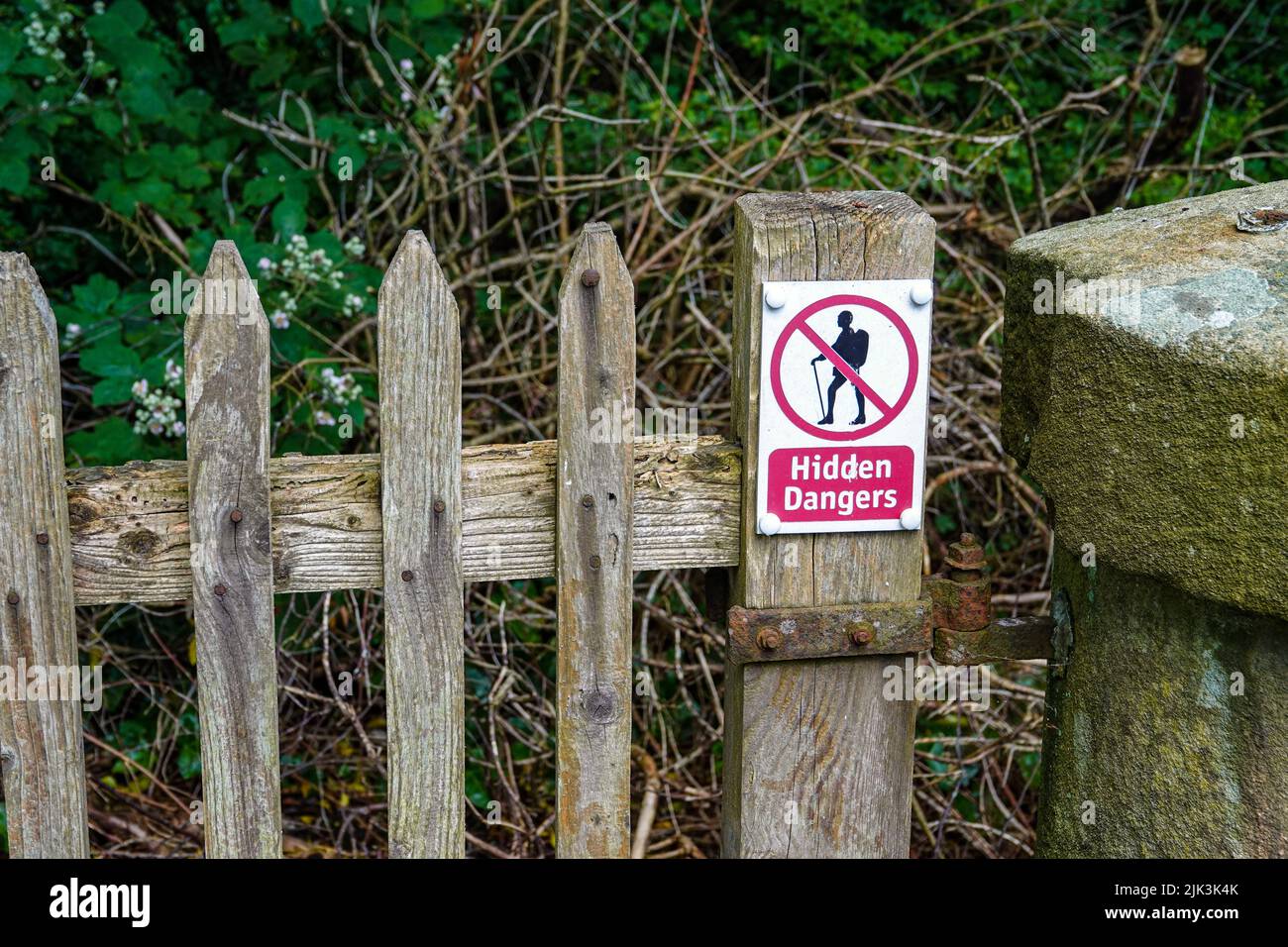 Sign hidden dangers on gate Ingleton, Yorkshire Dales, North Yorkshire ...