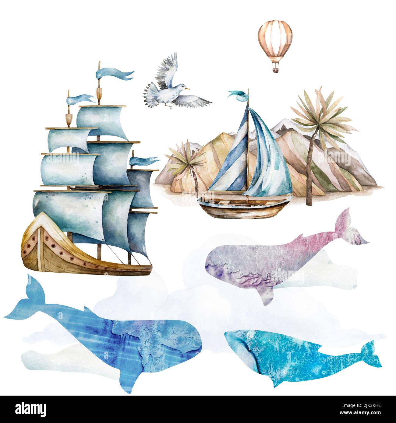 Nautical navigation and tropical island painted in watercolor. Blue ...